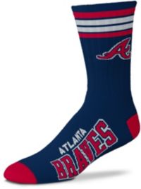 For Bare Feet Atlanta Braves Navy 4 Stripe Deuce Crew Socks | Dick's ...
