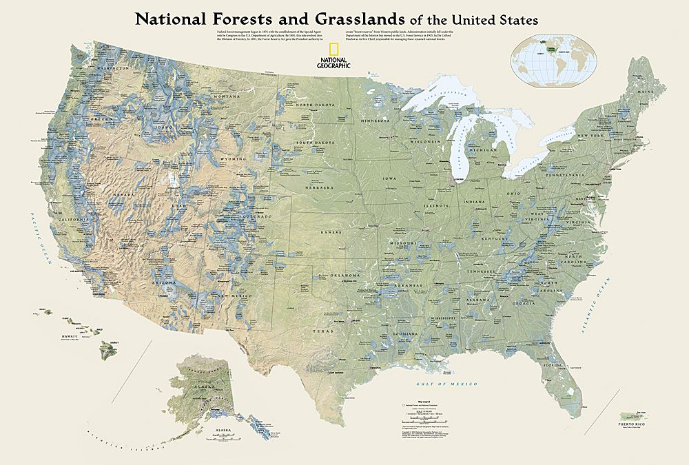 National Geographic National Forests and Grasslands of US Map | Publiclands